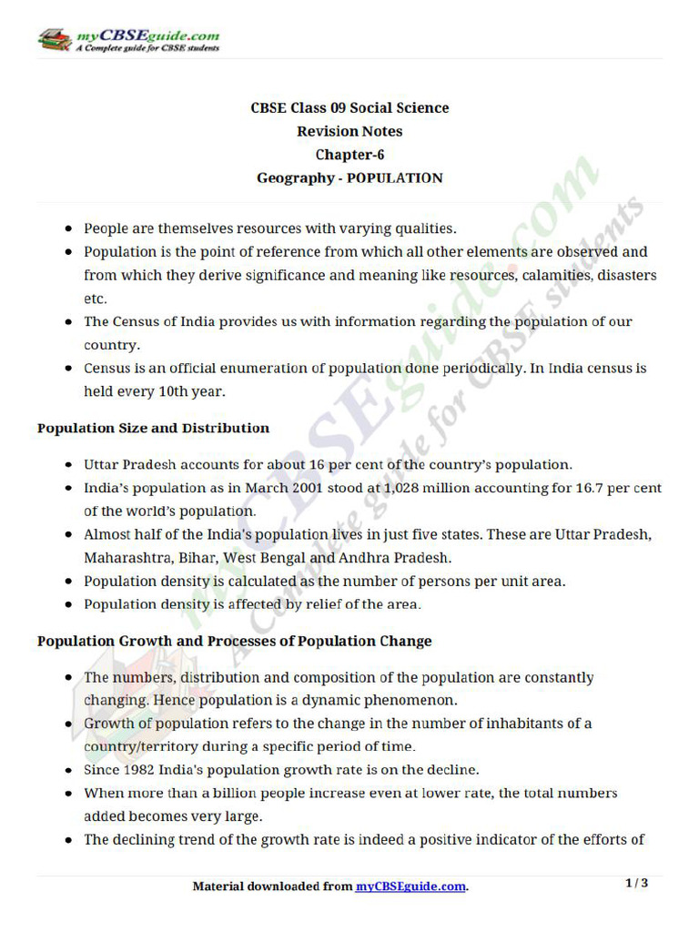 09 Social Science Key Notes Geo ch6 Population | PDF
