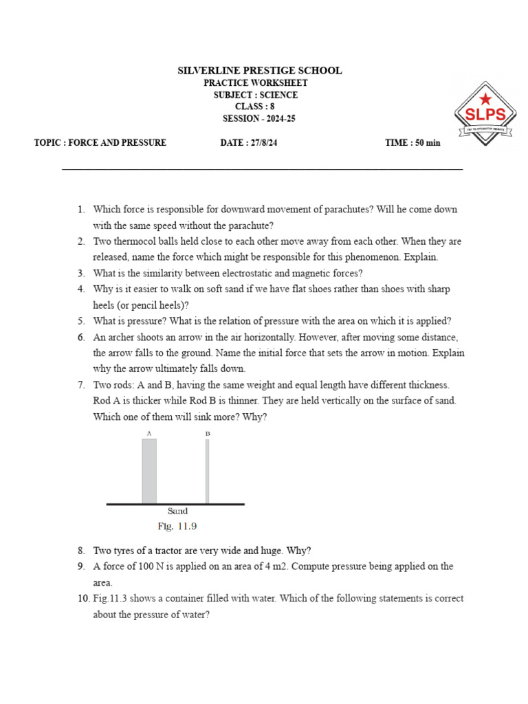 Ch 11_Force and Pressure_Worksheet 1 | PDF