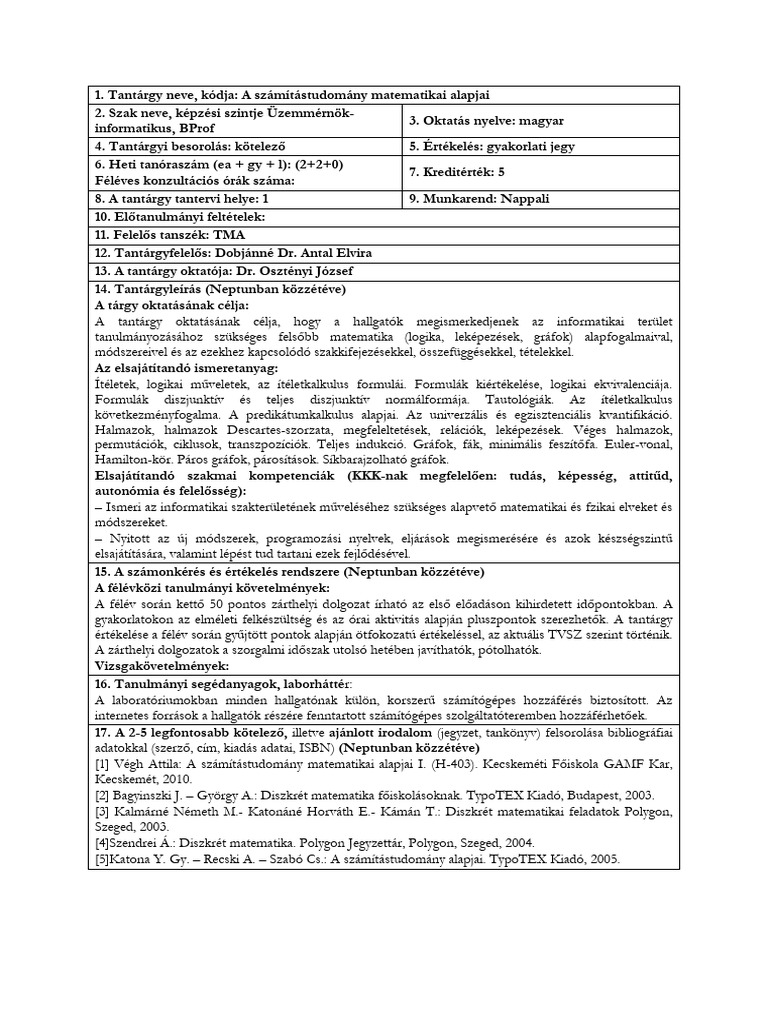 Uzemmernok Informatikus BProf Nappali Tantargyleirasok | PDF