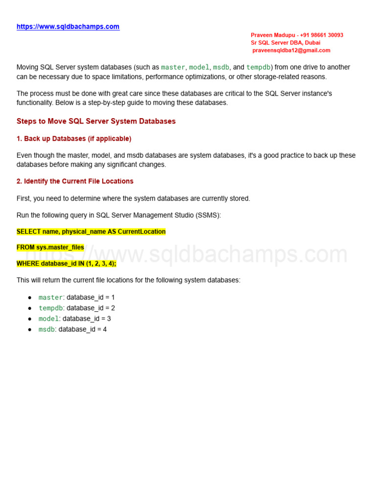 Move SQL Server System Databases | PDF
