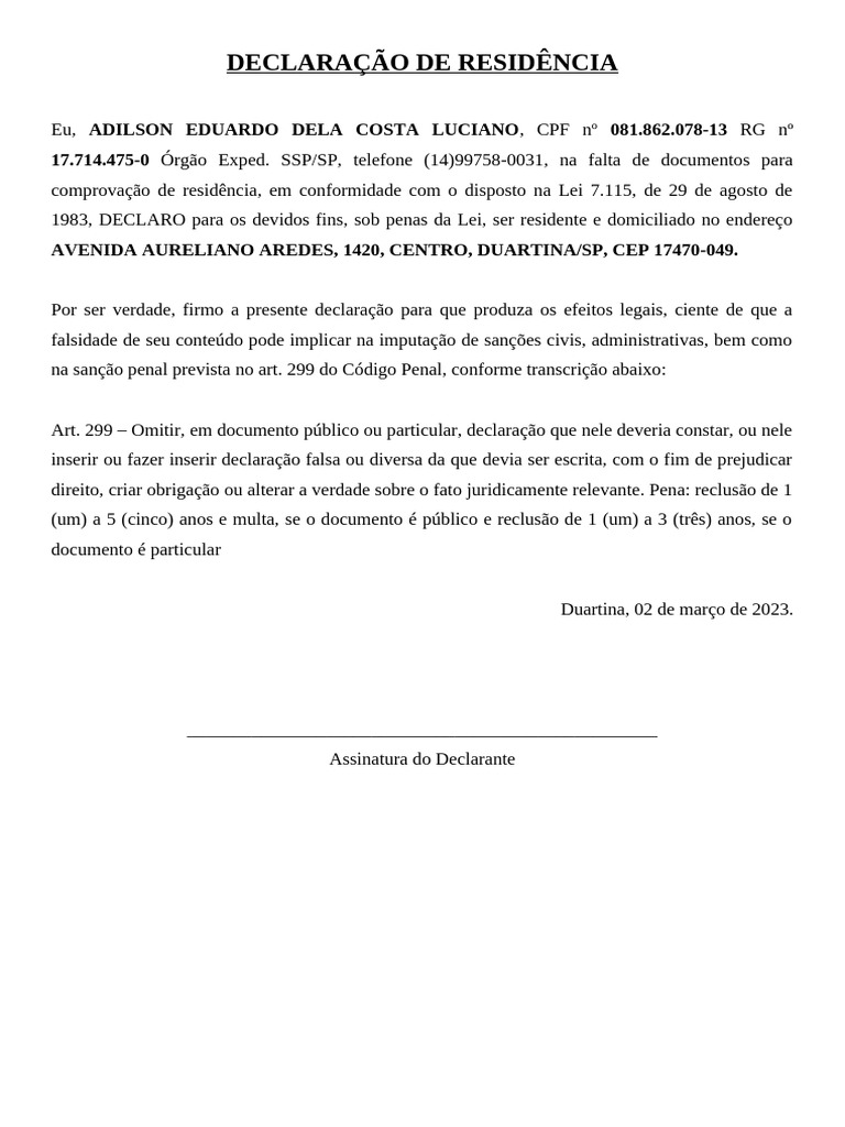 DECLARAÇÃO DE RESIDÊNCIA | PDF