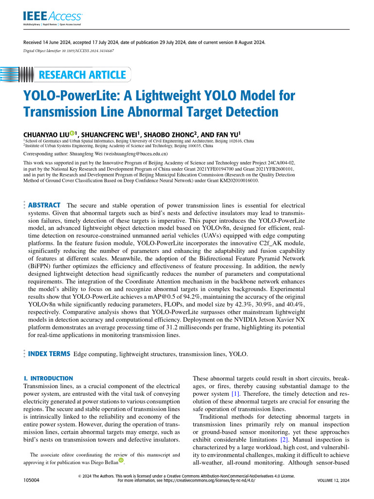 YOLO-PowerLite A Lightweight YOLO Model For Transmission Line Abnormal Target Detection | PDF