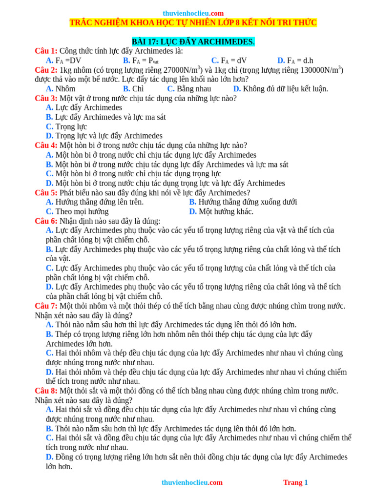 Trac Nghiem KHTN 8 KNTT Bai 17 | PDF