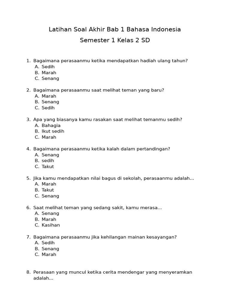 Les - Latihan Soal Akhir Bab 1 Bahasa Indonesia Semester 1 Kelas 2 SD | PDF