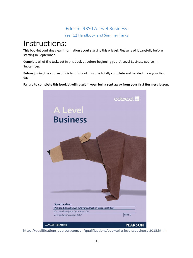 Business A Level Workbook 2020 | PDF