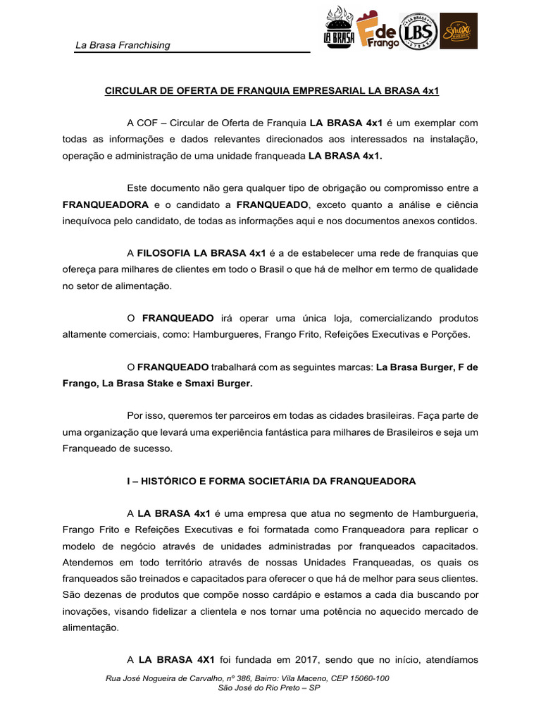 COF LA BRASA 4x1 - Circular de Oferta de Franquia Empresarial | PDF