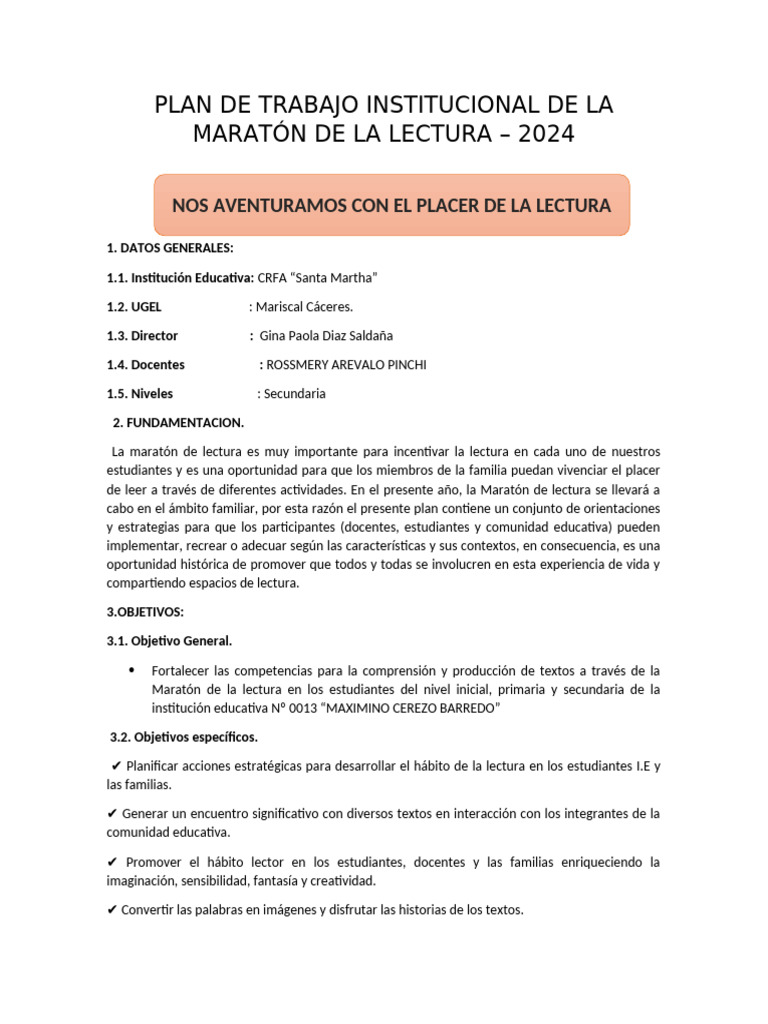 Plan de Trabajo Institucional de La Maratón de La Lectura 2024 | PDF