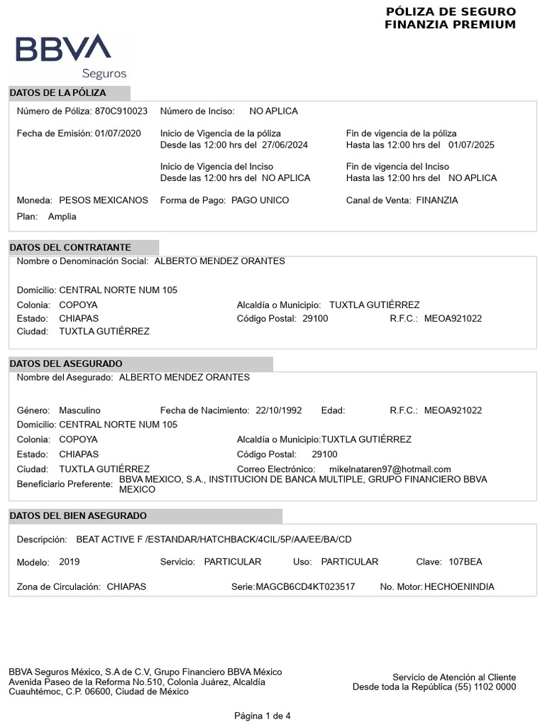 Póliza Seguro BBVA 30 de Mayo de 2024 | PDF