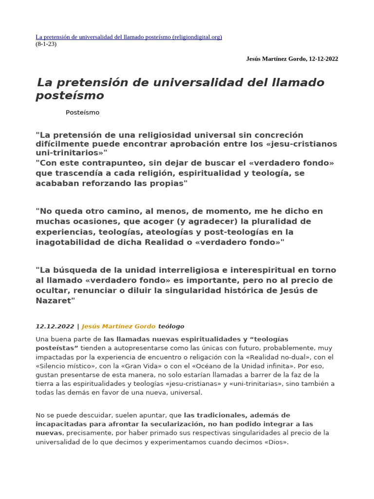 (Artículo Rel - Dig) J. Martínez Gordo - Posteísmo y Universalidadç | PDF