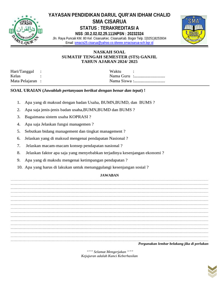 Blanko Naskah Soal STS Ganjil (Mapel) (KLS) | PDF