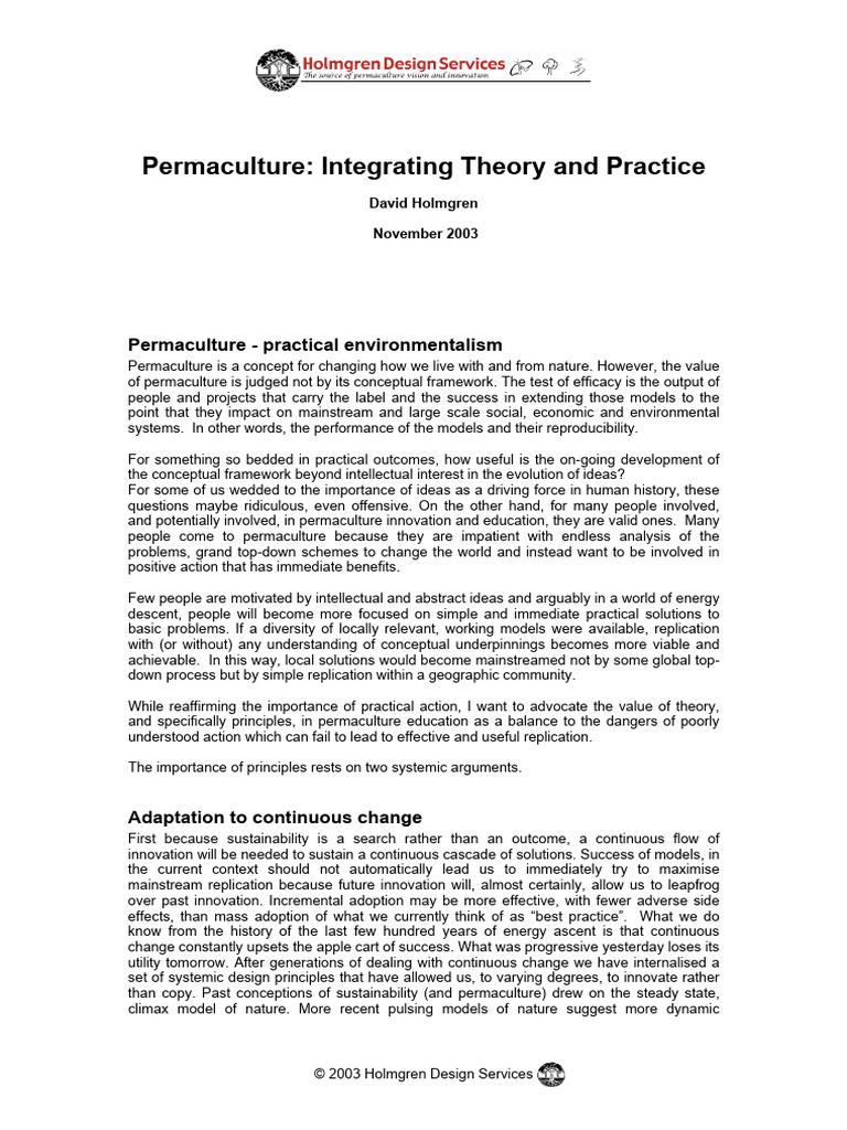 David Holmgren - Permaculture - Integrating Theory And Practice | PDF