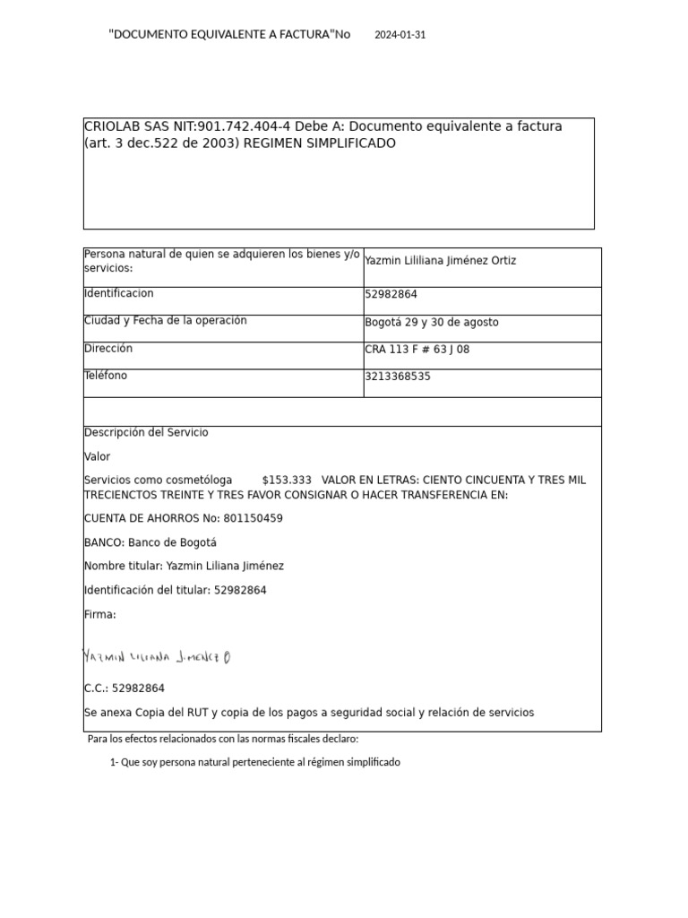 Formato Cuenta de Cobro Prestacion de Servicios | PDF