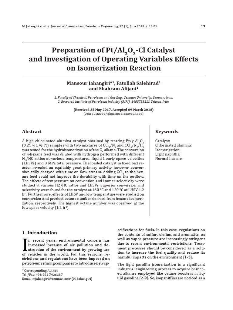Preparation of Pt-Al2O3-Cl Catalyst For Density | PDF