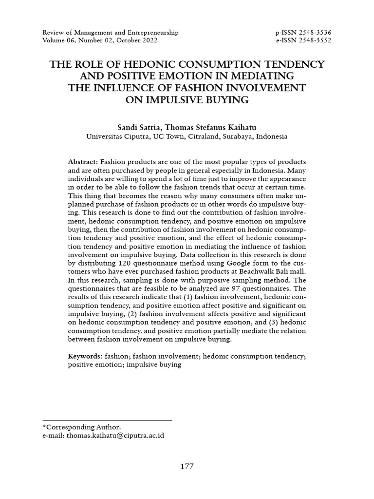 The Role of Hedonic Consumption Tendency and Posit | PDF
