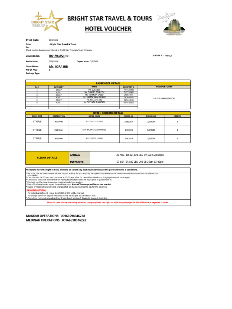 Ms. IQRA BIBI Hotel Voucher 1446 | PDF