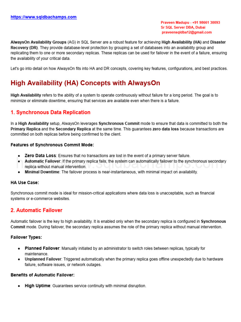 Alwayson WRT HA and DR in SQL Server | PDF | Replication (Computing ...