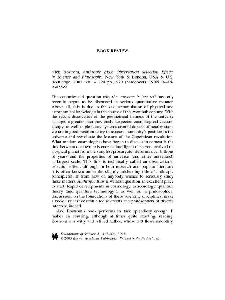 Review Nick Bostrom, Anthropic Bias Observation Selection | PDF