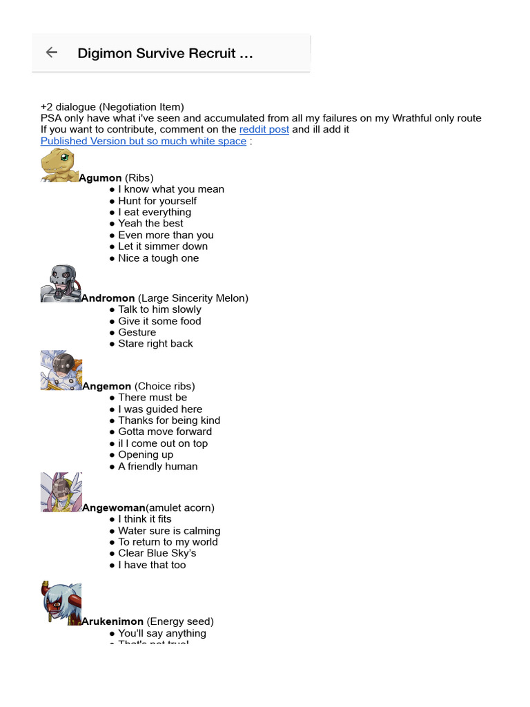 Digimon Survive Recruit Cheat Sheet (WIP) | PDF