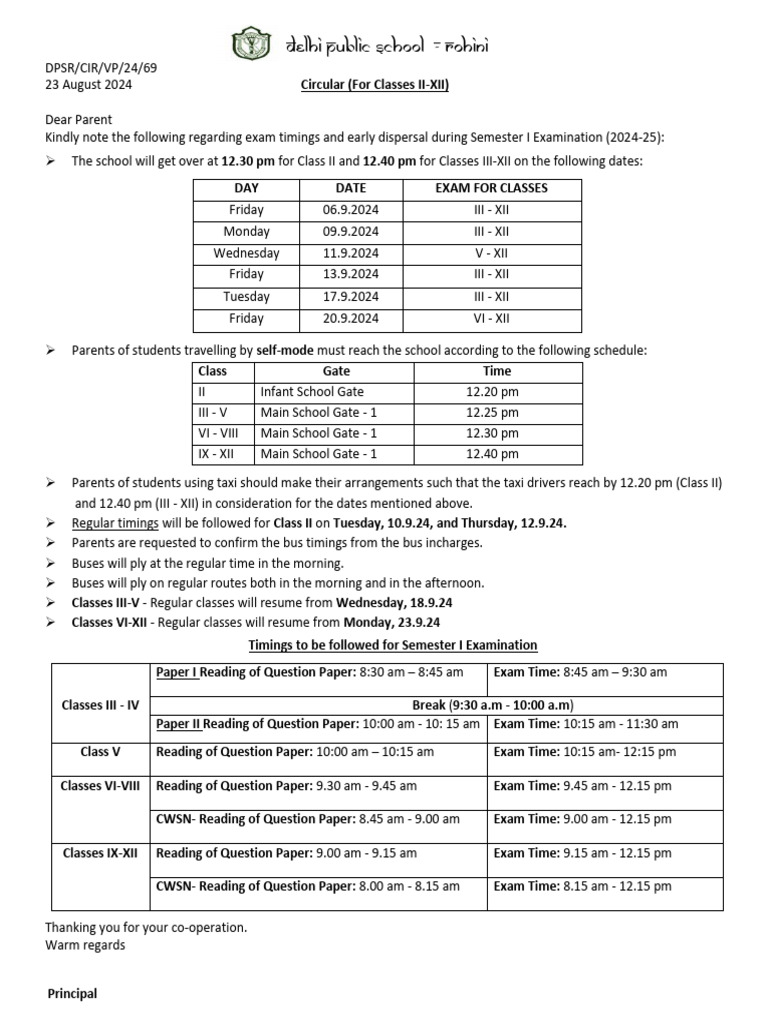 Circular Reg. Early Dispersal During Sem I Exam | PDF
