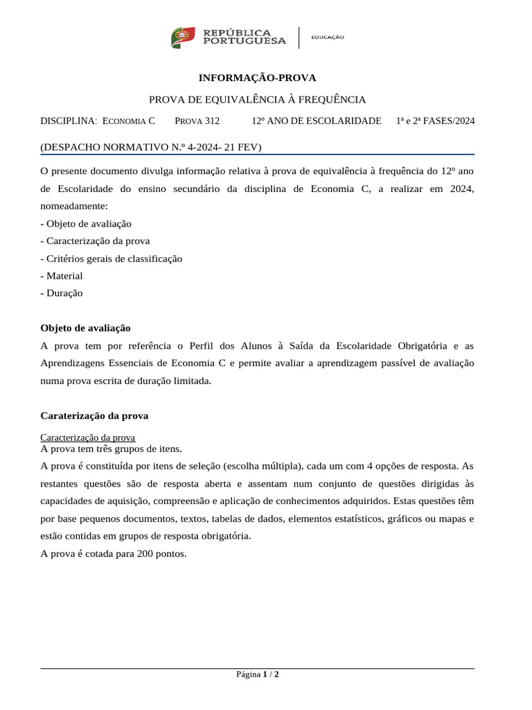 Informação-Prova-Economia C - 2024-Final | PDF | Linguística | Economia