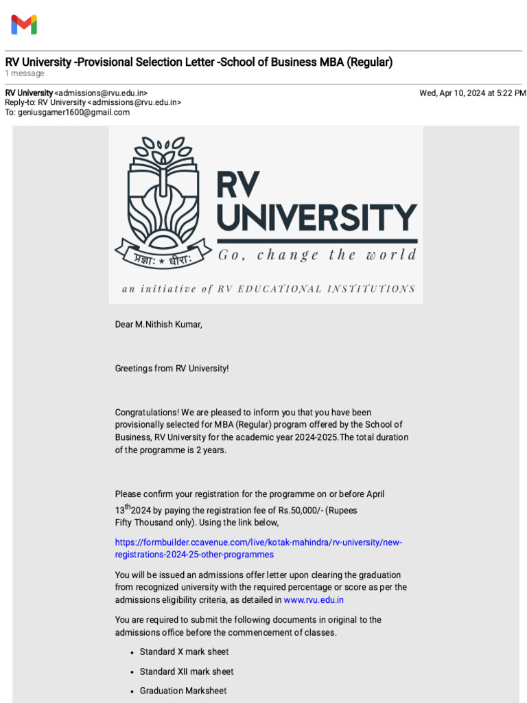 Gmail - RV University - Provisional Selection Letter - School of Business MBA (Regular) | PDF