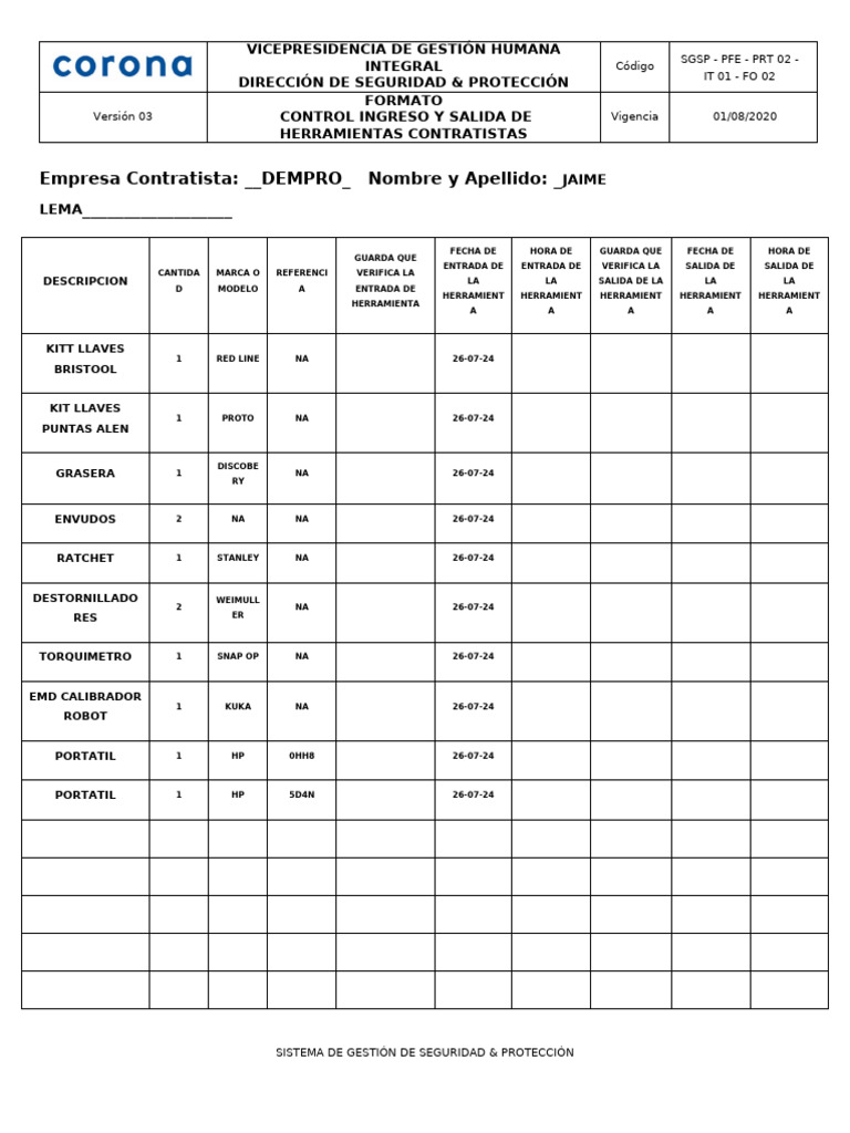 2.1.2 SGSP - PFE - PRT 02 - IT 01 - FO 02 - Control Ing y Salida Herramienta Contratista | PDF