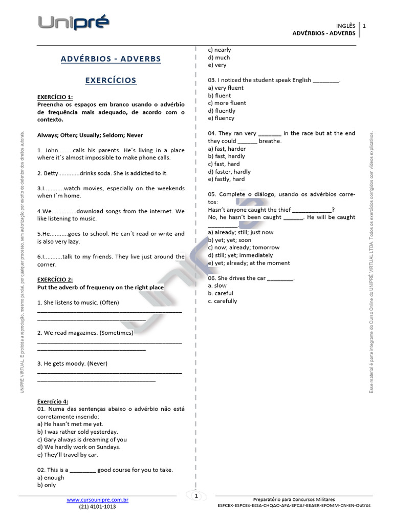 Exerc Advérbios - Adverbs | PDF