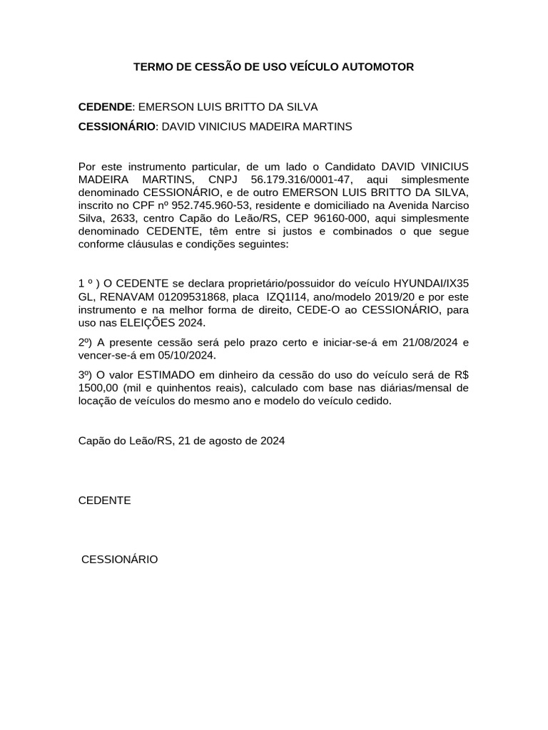 TERMO DE CESSÃO DE USO VEÍCULO AUTOMOTO modelo | PDF