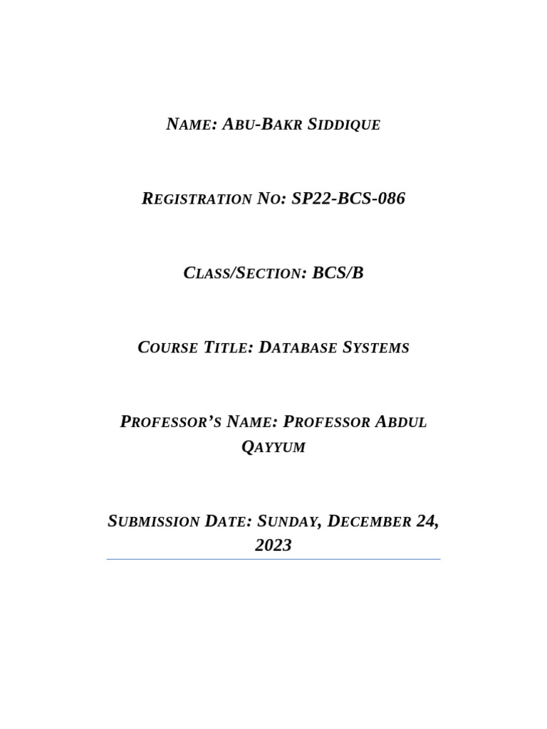 SP22-BCS-086 Database Assignment 4 | PDF