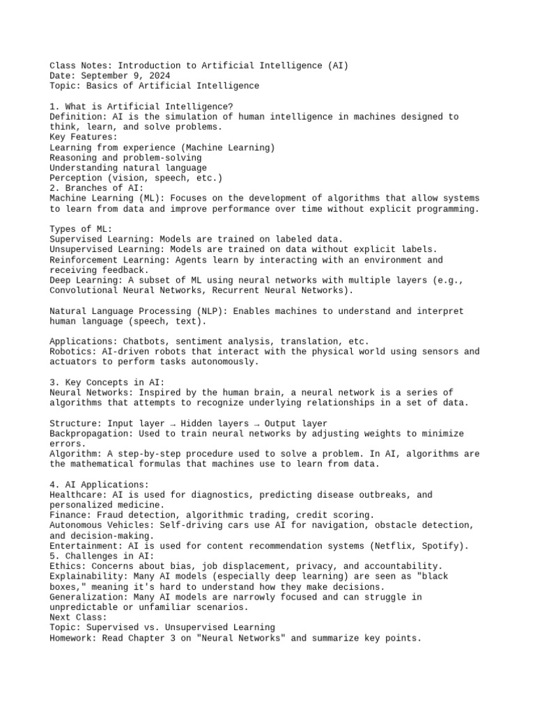 Class Notes Introduction To Artificial Intelligence (AI) | PDF