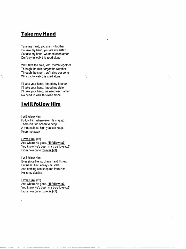 Take My Hand en I Will Follow Him Youth | PDF