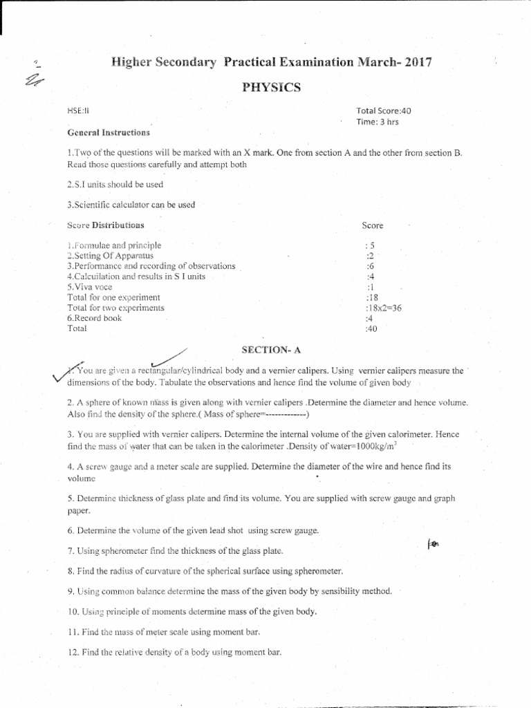 Kerala +2 Physics Practical Exam Question Paper-2017 | PDF