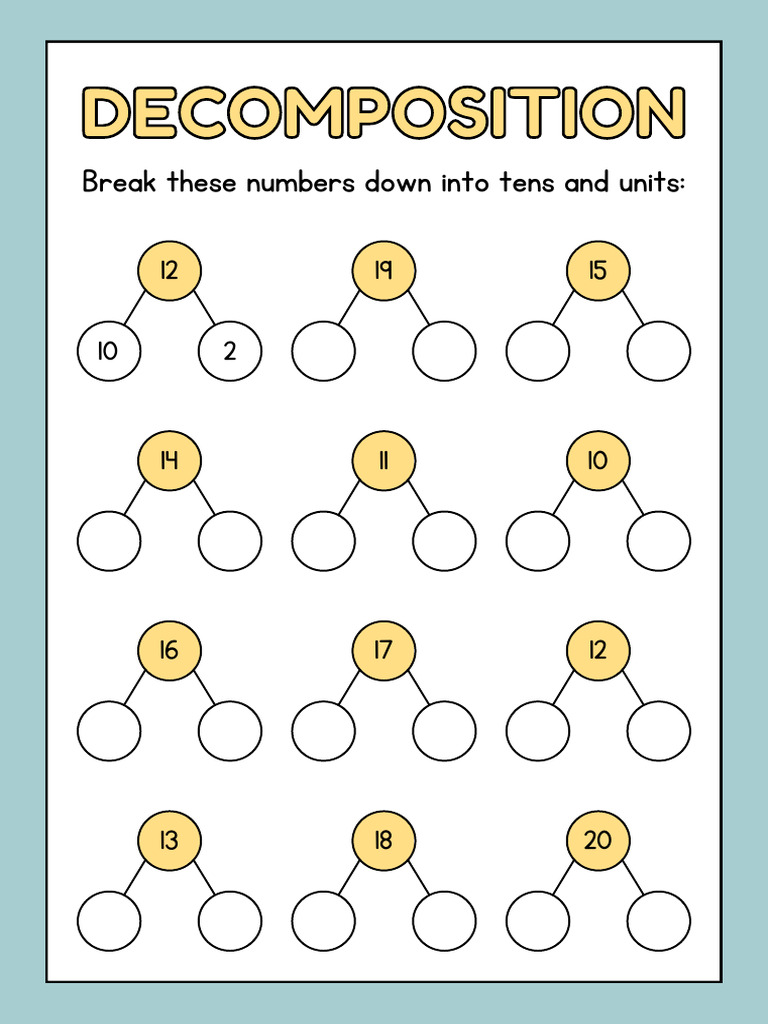 Decomposition Grade 1 Mathematics Worksheet in Green Yellow Simple ...