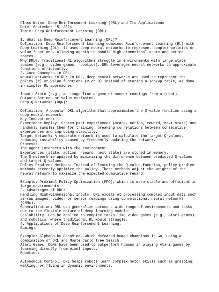 Class Notes Deep Reinforcement Learning (DRL) and Its Applications | PDF