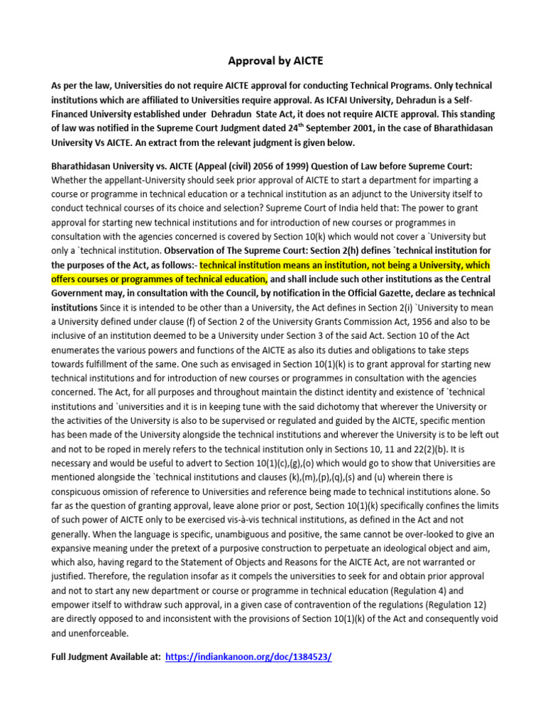 Supreme Court Judgement On AICTE | PDF