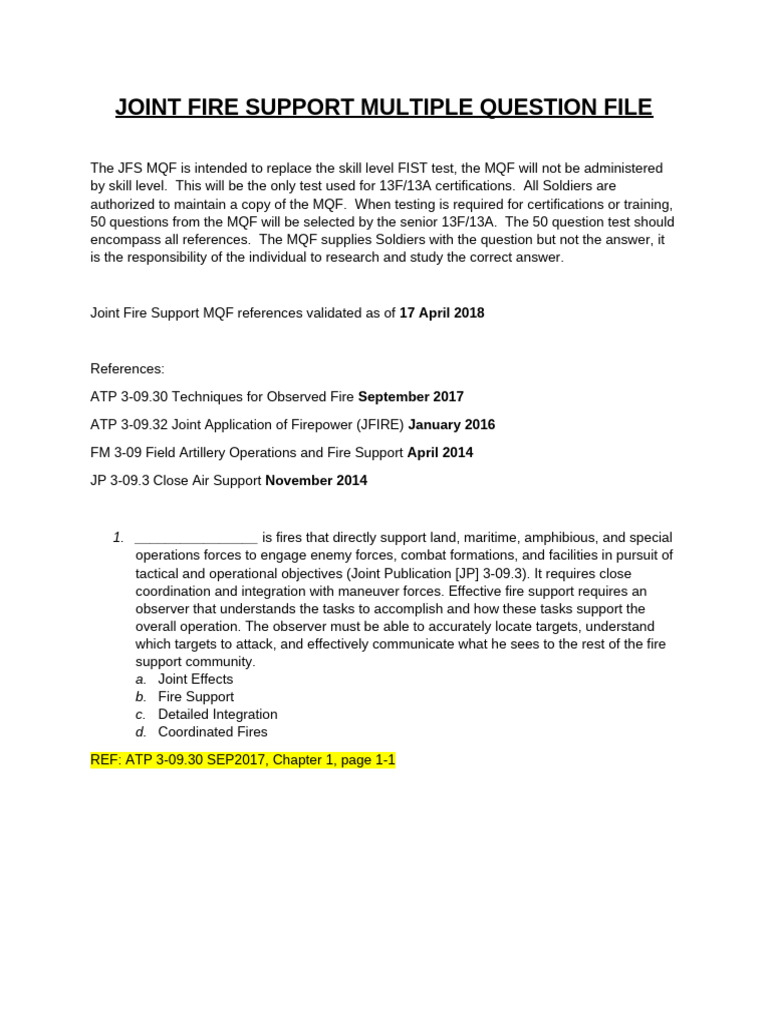 Joint Fire Support Multiple Question File: 17 April 2018 | PDF
