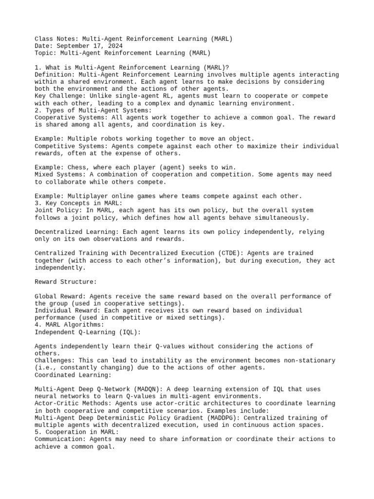 Class Notes Multi-Agent Reinforcement Learning (MARL) | PDF