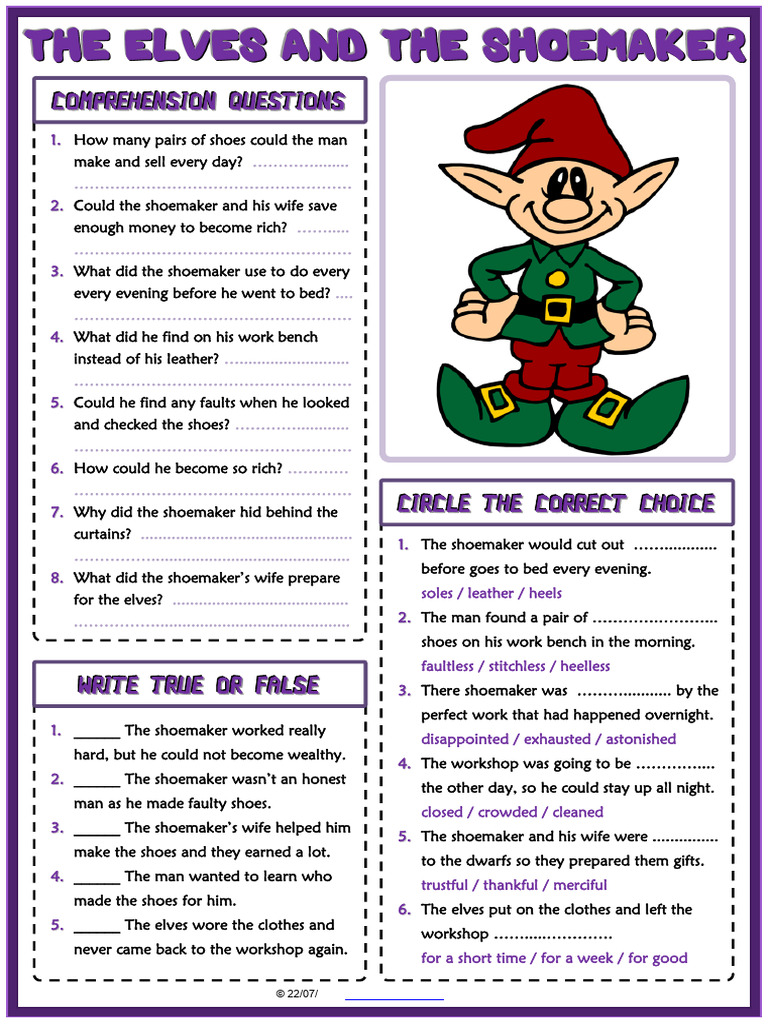 The Elves and The Shoemaker Esl Printable Reading Comprehension ...