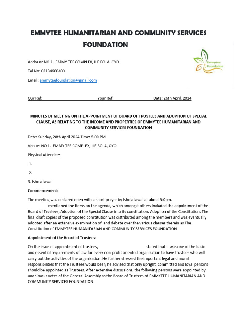 Emmytee Humanitarian and Community Services Foundation | PDF