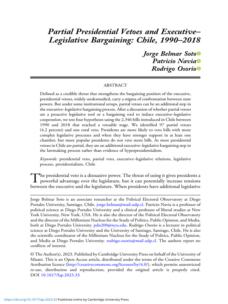 Partial Presidential Vetoes and Executive Legislative Bargaining Chile ...