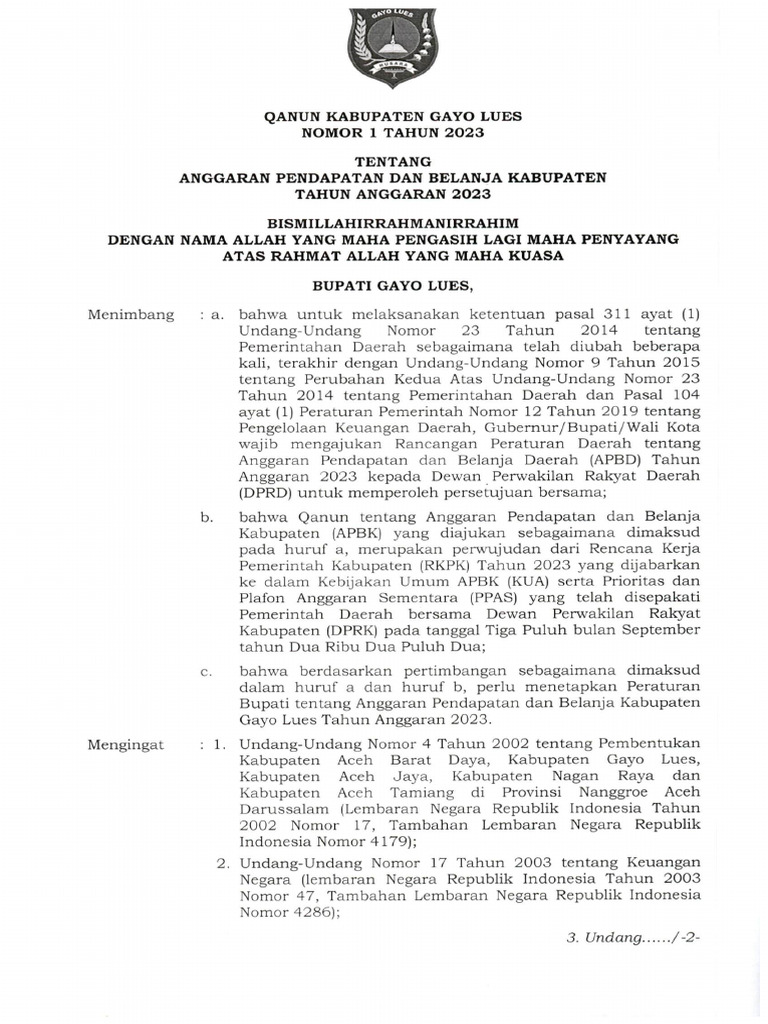 Perda Kabupaten Gayo Lues No 1 Tahun 2023 | PDF