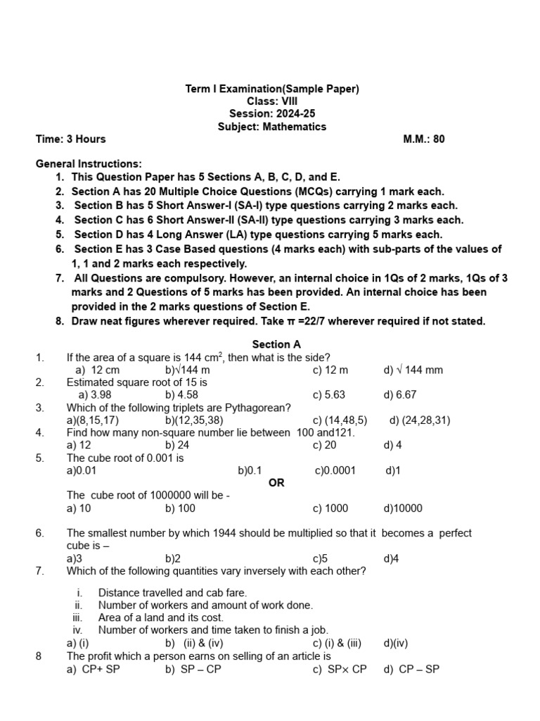 Class 8, Sample Paper Mid Term | PDF