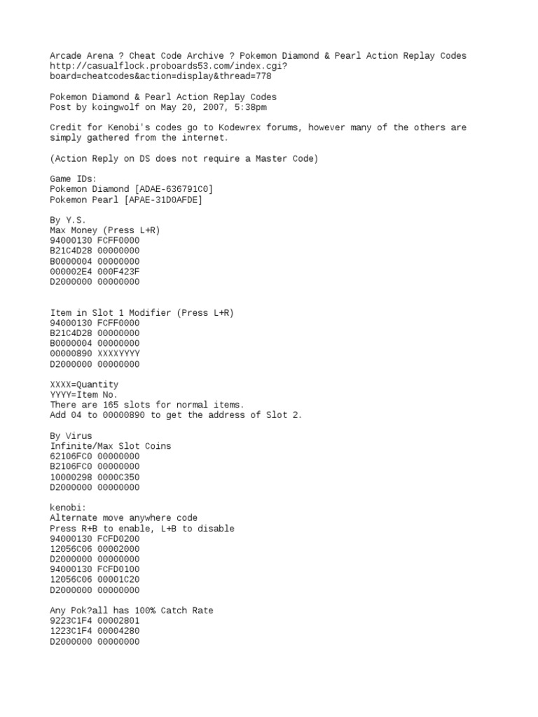 Pokemon Diamond Legendary Pokemon Codes