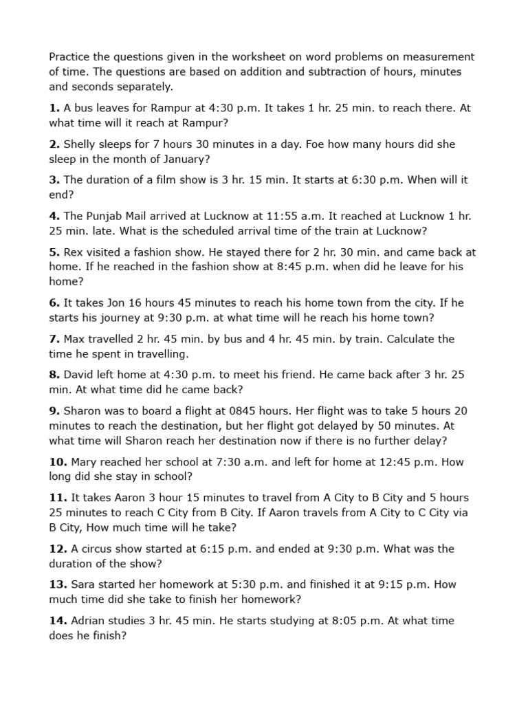 Worksheet On Word Problems On Measurement of Time | PDF
