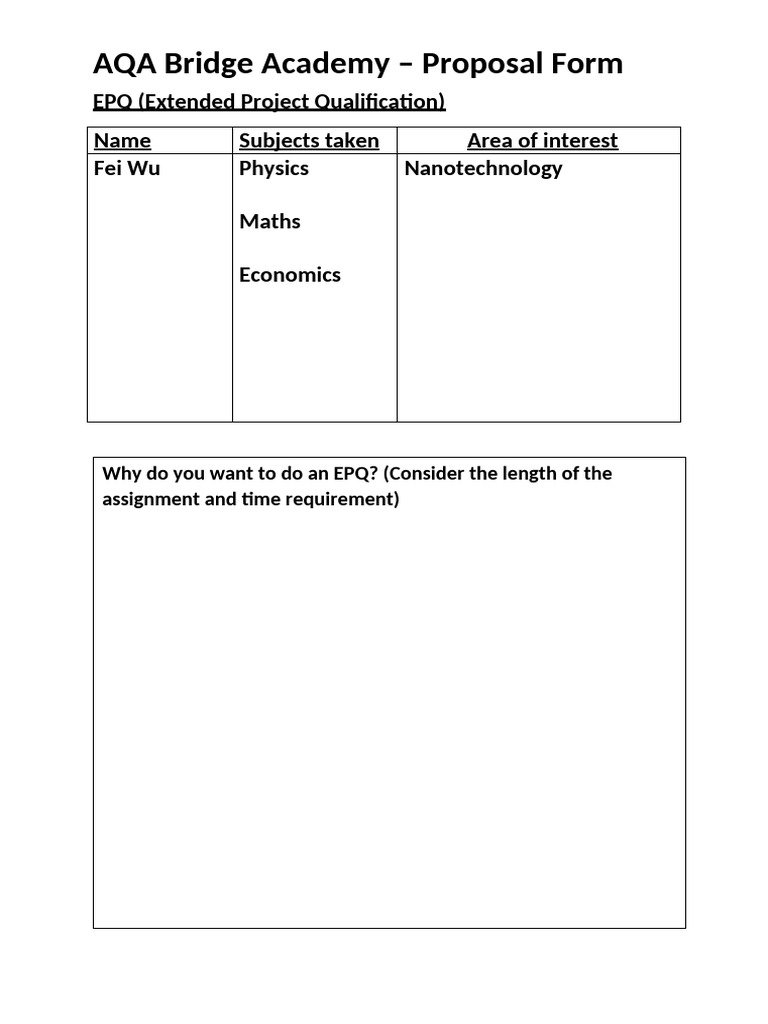 EPQ Student Proposal Form | PDF