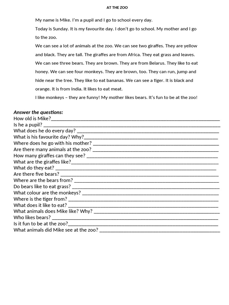 At The Zoo Reading Comprehension Exercises - 71325 | PDF