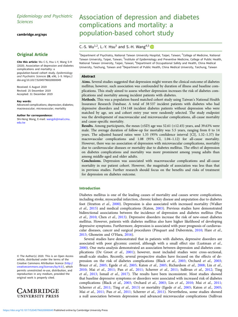 Association of Depression and Diabetes Complications and Mortality A ...