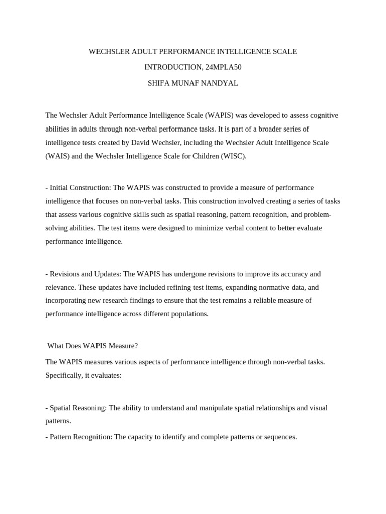 Wechsler Adult Performance Intelligence Scale | PDF