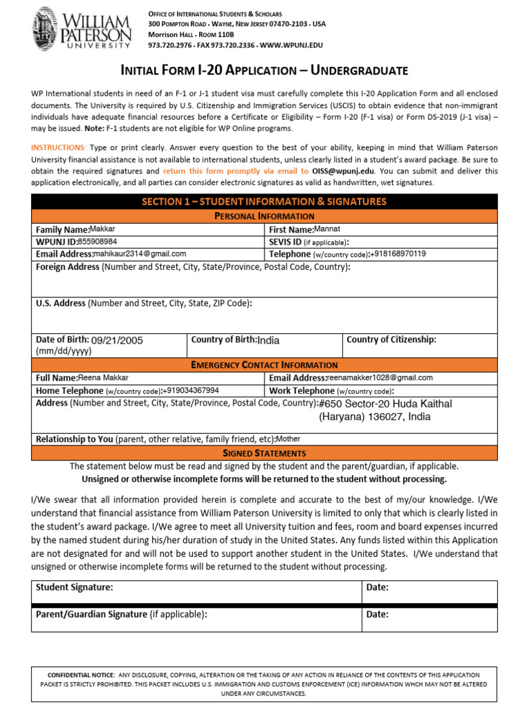 Updated WP 23-24 UG I-20 Application - Fillable | PDF