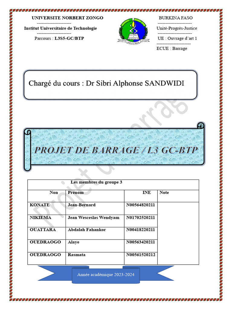 Projet Barrage - Universite Norbert Zongo 1 B | PDF